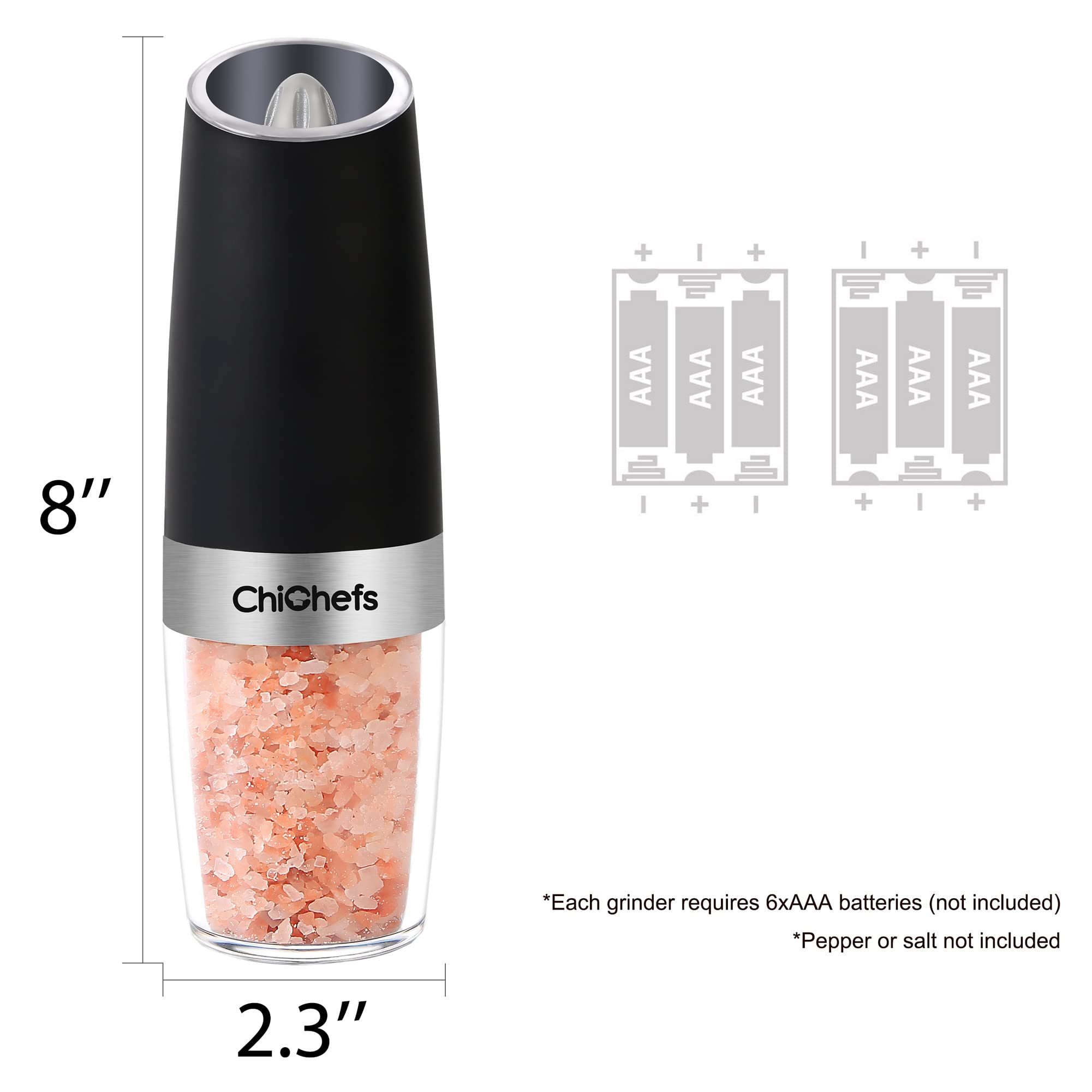 ChiChefs Gravity Electric Salt and Pepper Grinder Set, Automatic Salt and Pepper Mill Grinder, Battery Operated with White LED Light, Adjustable Coarseness, One Handed Operation, Stainless Steel