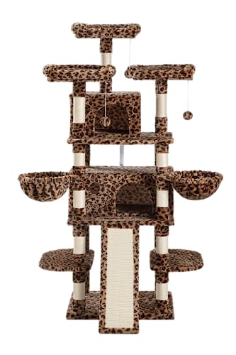 SHA CERLIN 68 Inches Multi-Level Large Cat Tree for Large Cats/Big Cat Tower with Cat Condo/Cozy Plush Cat Perches/Sisal Scratching Posts and Hammocks/Cat Activity Center Play House, Leopard Print