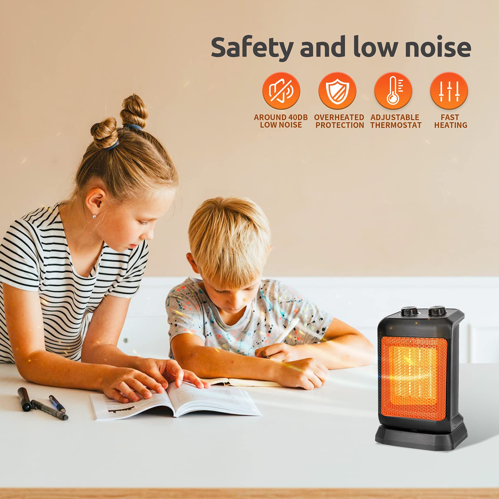 EVELYN Oscillating Space Heater, 1500W Electric Heaters Portable with Thermostat, Safe and Quiet, PTC Fast Heating Ceramic Room Small Heater Fan for Home Office Indoor Use
