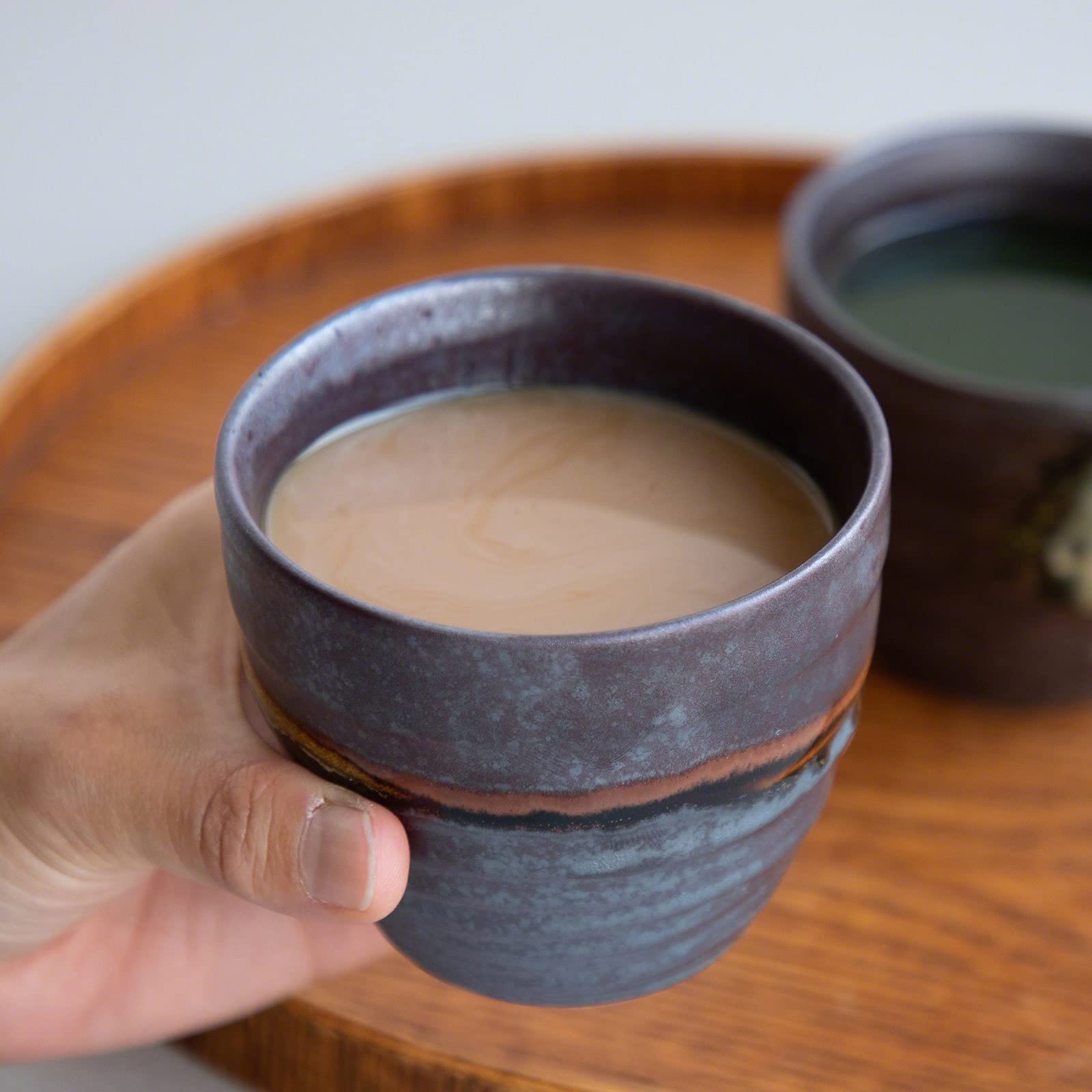 Asayu Japan Handpainted Glazed Ceramic Tea Cups Set of 2, 6.7oz (200ml), Made in Japan MIno Ware Pottery Glass for Hot and Cold Drinks - 2PCS Tea Cup Set, Metallic Dark Brown