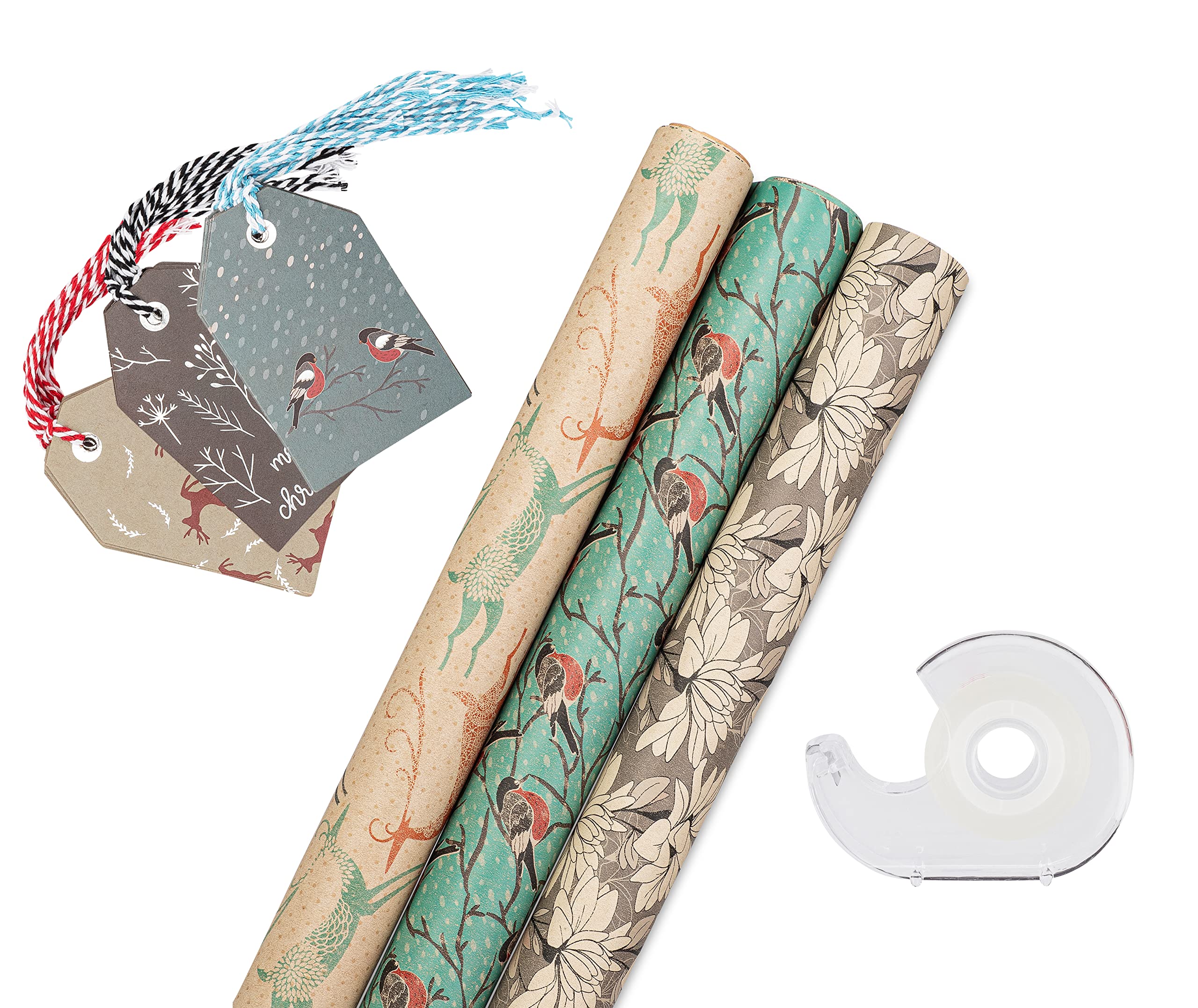 K-Kraft Elegant Christmas Wrapping Paper (Snow Birds-Deer-Ice Flowers/Printed Brown Kraft) 30" x15 Feet, 112.5 Square Feet Total with Tape and Tags