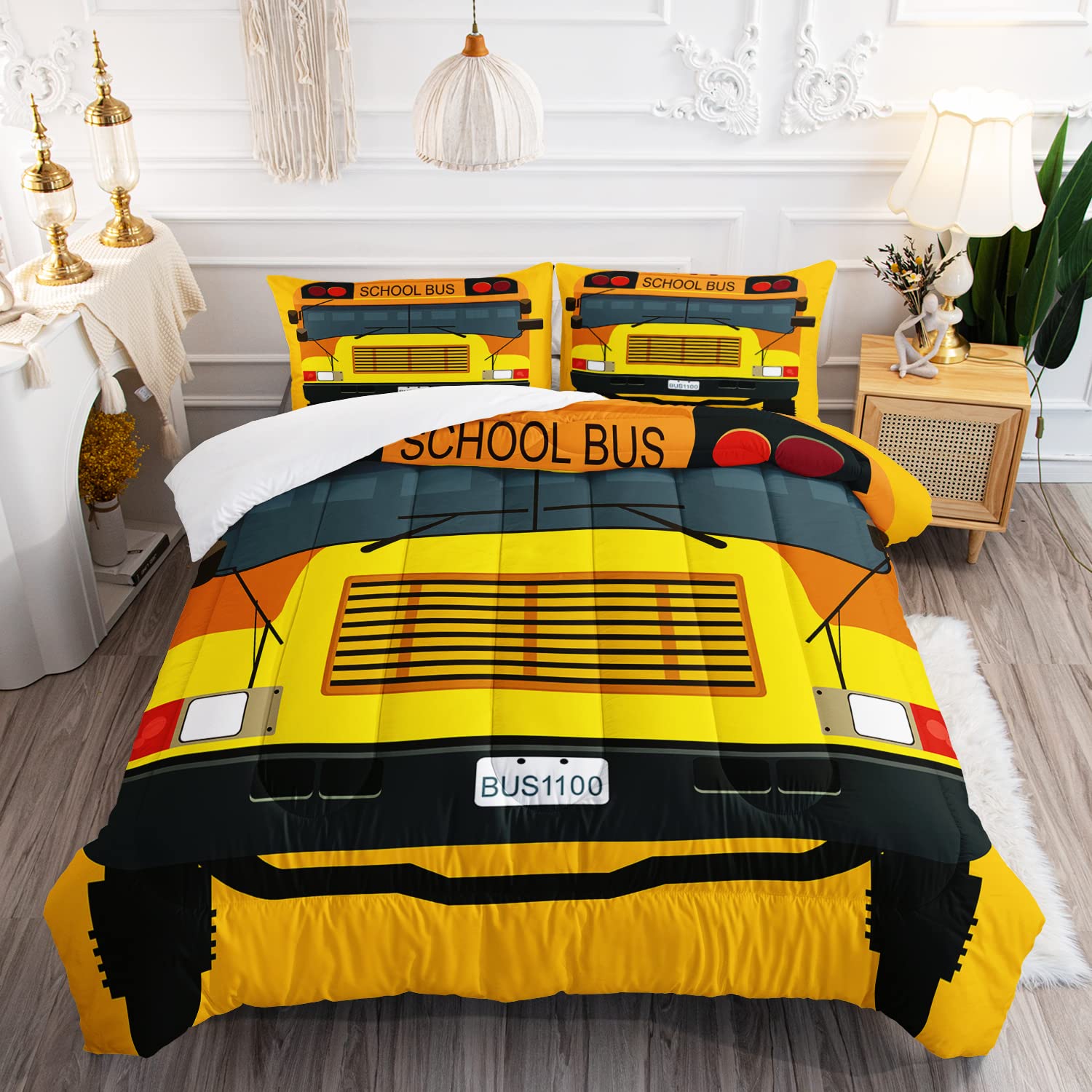 BBchose 3D Cartoon School Bus Bedding Set for Kids,Funny School Bus Ultra Soft All Seasons Comforter Set Cool Car Theme Bed Set 1 Comforter 2 Pillowcases (Queen)