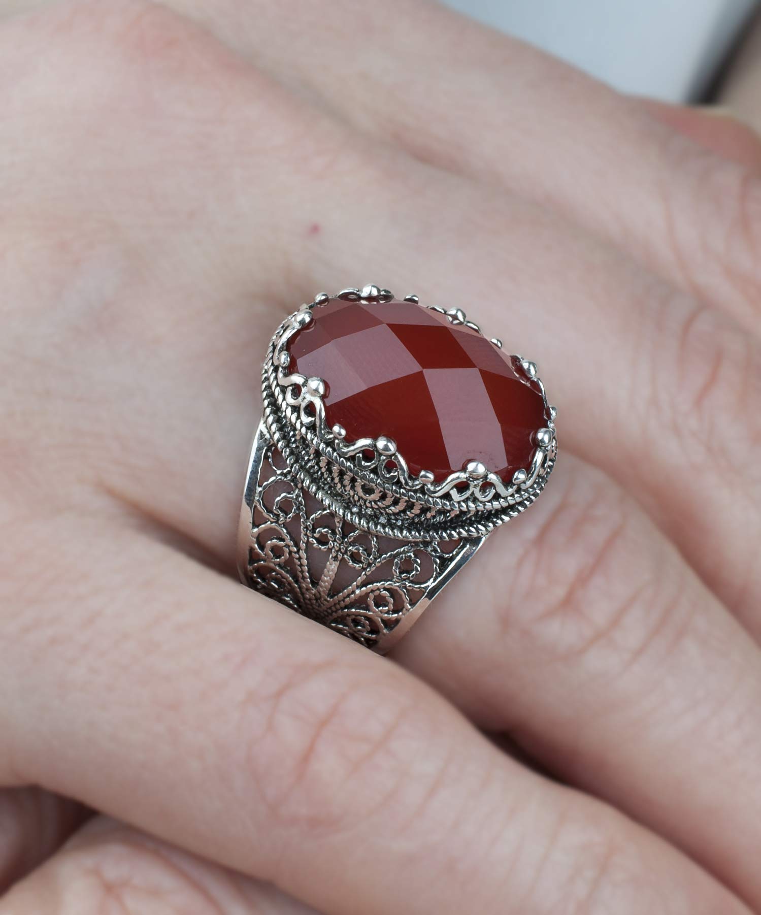 925 Sterling Silver Carnelian Oval Filigree Ring (Size 5-11) (8)