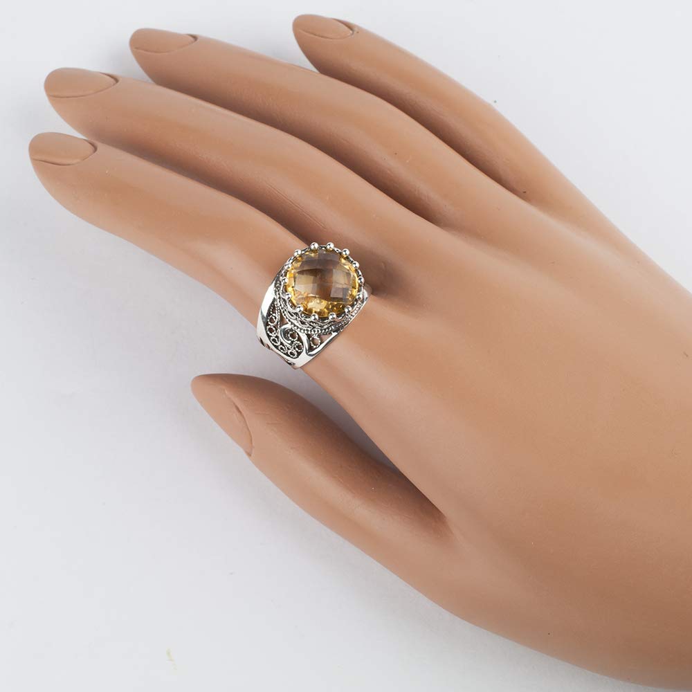 925 Sterling Silver Purple Amethyst Yellow Citrine Blue Topaz Round Filigree Paisley Ring (Size 5-12) (12, Citrine)