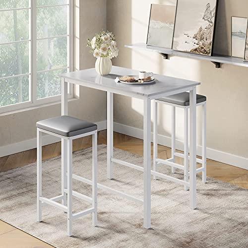 Bar Table Set for 2, White Faux Marbled 3-Piece Counter Height Breakfast Table with 2 Cushioned Stools, Small Dining Kitchen Table Set for Apartment
