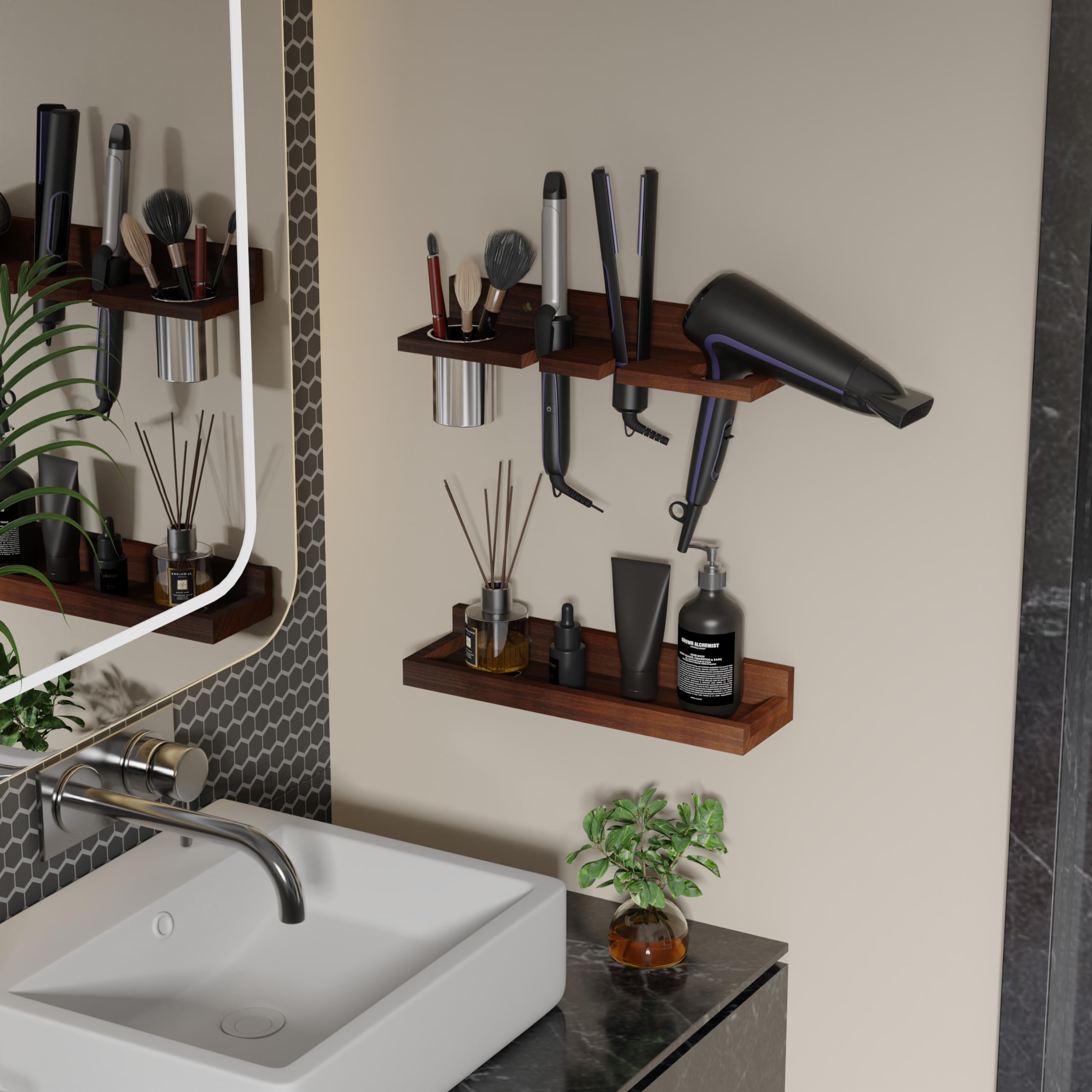 Wooden Hair Tool Organizer Wall Mounted - 17"x5" 2PC Set - Blow Dryer Holder & Hair Storage Organizer - Perfect for Heat Tools, Curling Iron or Hair Dryer Storage - Mounting Hardware Included