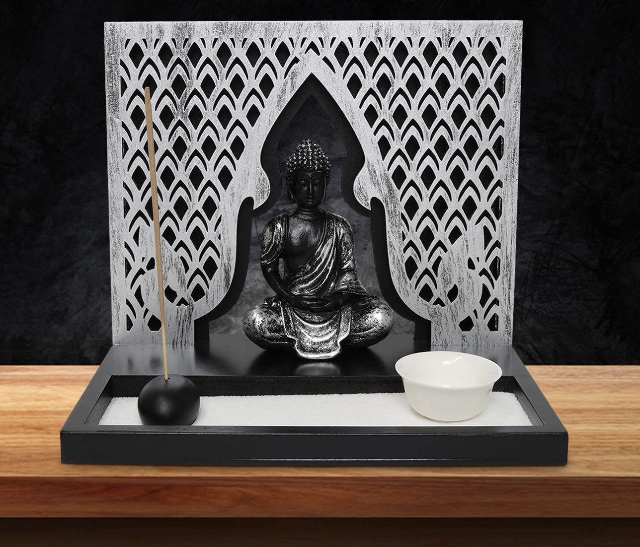 Basic Fundamentals Zen Garden Candle Holder Home Decor - Buddha Incense Stick Holder Office Desk Accessories - Zen Garden Sand Office Decor - Buddha Table Top - 8.75" x6.5”x 8.75”