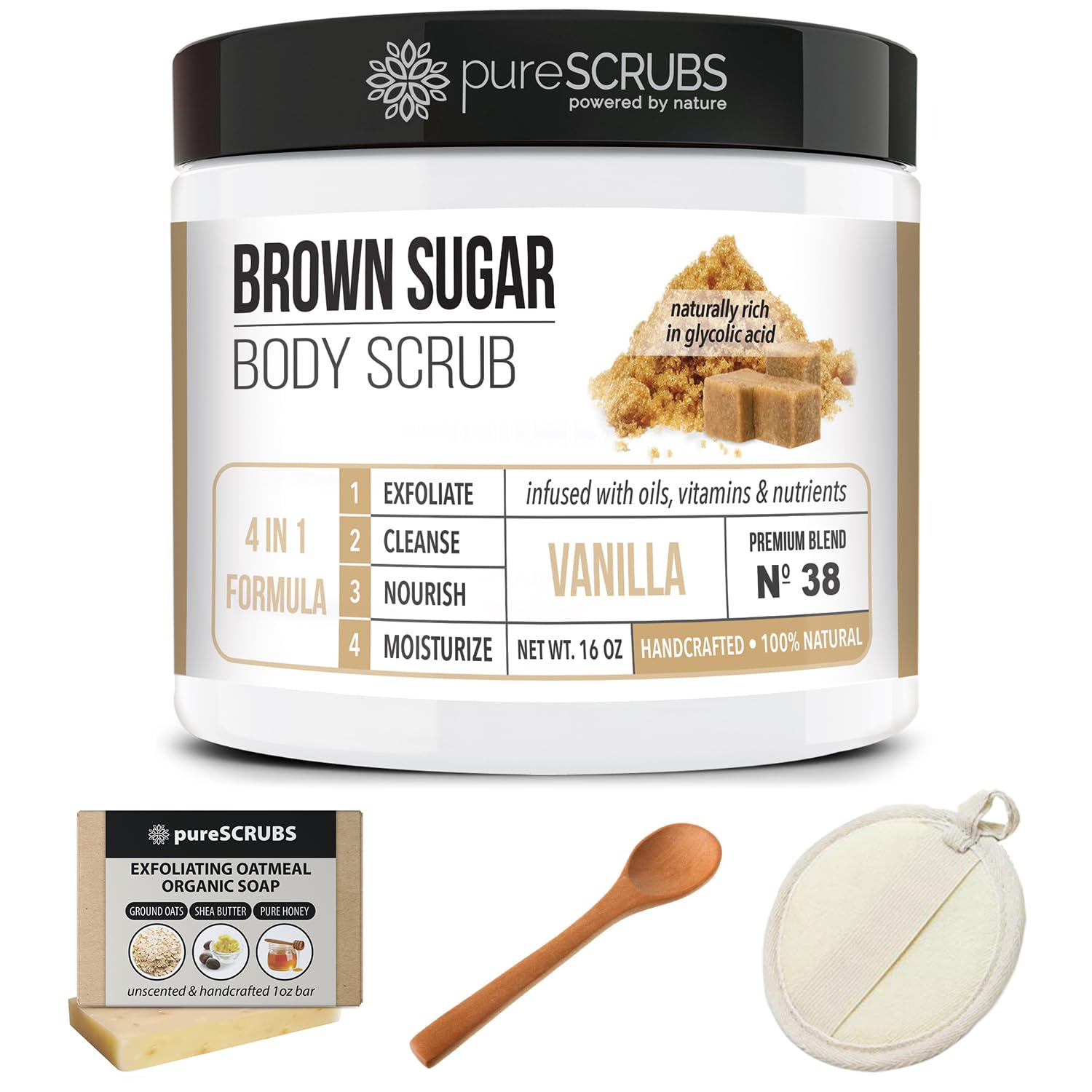 pureSCRUBS Premium Vanilla Brown Sugar Scrub | Face, Feet & Full Body Scrub | Large 16oz Jar Includes Wooden Spoon, Loofah & Mini Exfoliating Bar Soap