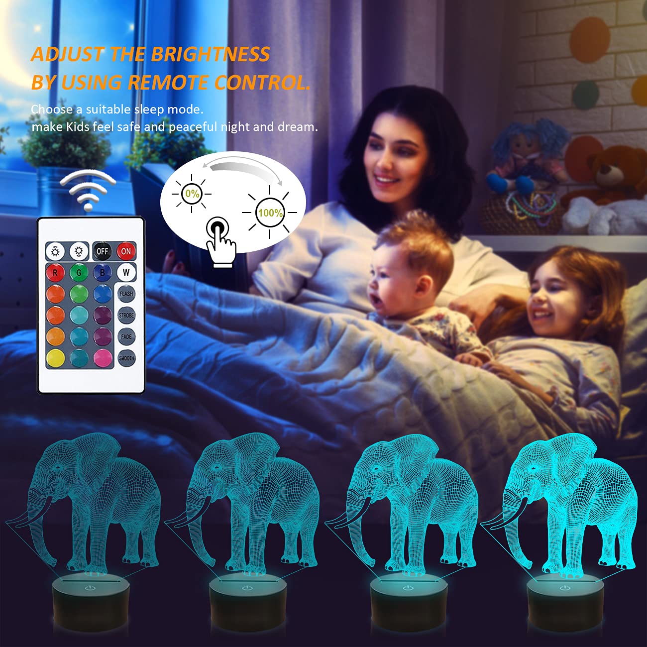 FULLOSUN Elephant Gifts, 3D Night Light for Kids 16 Colors Changing 3D Illusion lamp with Remote Control & Smart Touch, Child Xmas Birthday Gifts for Boys Age 2 3 4 5 6+ Year Old