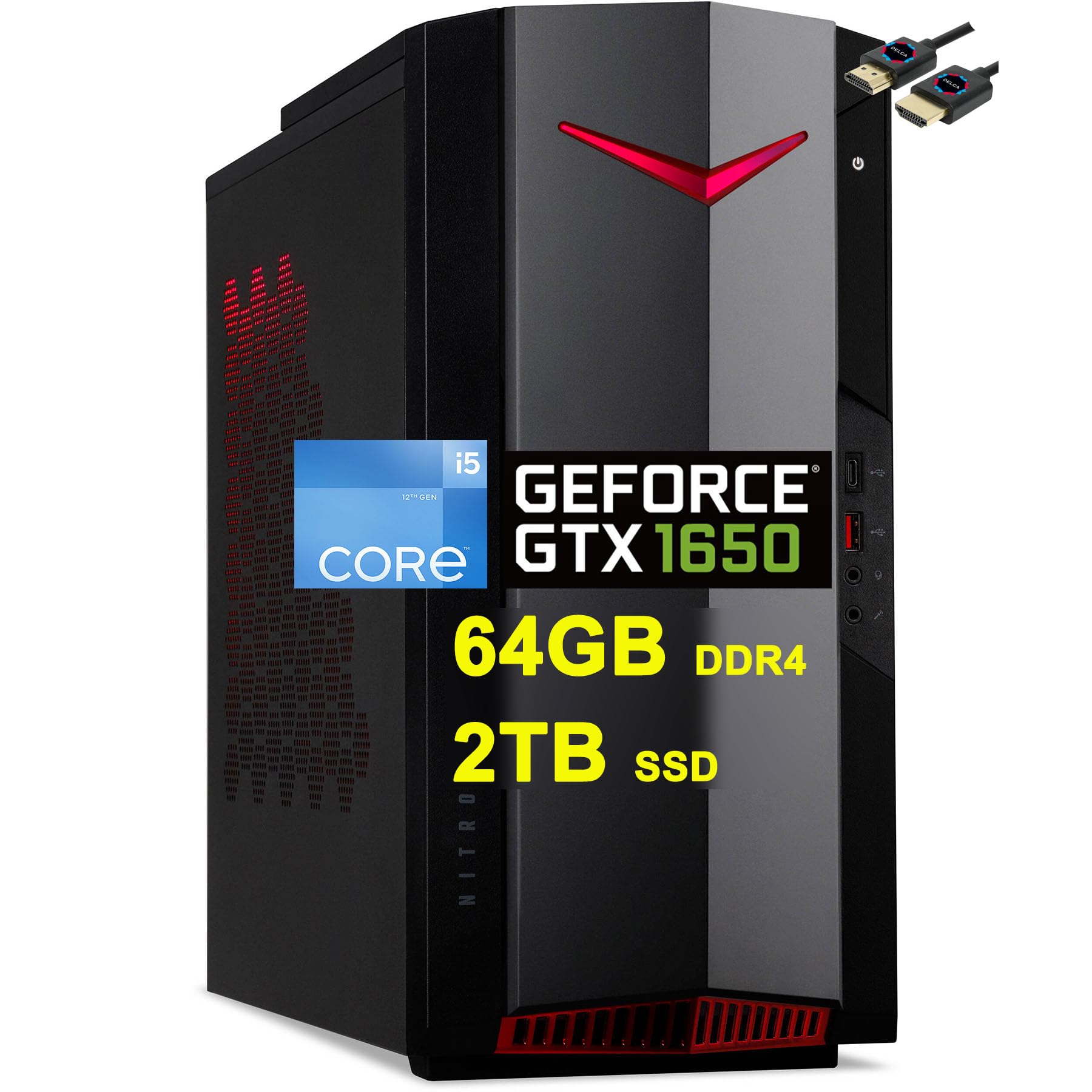 acer Nitro 50 Gaming Desktop Computer | 12th Generation Intel Hexa-Core i5-12400F (Beats i7-10700F) | 64GB DDR4 2TB SSD | Nvidia GeForce GTX 1650 4GB Graphic | USB-C DVI Win11 Black + HDMI Cable