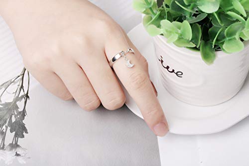 925 Sterling Silver Plated Boho Cubic Zirconia Moon and Chain Women Adjustable Tassel Band Ring