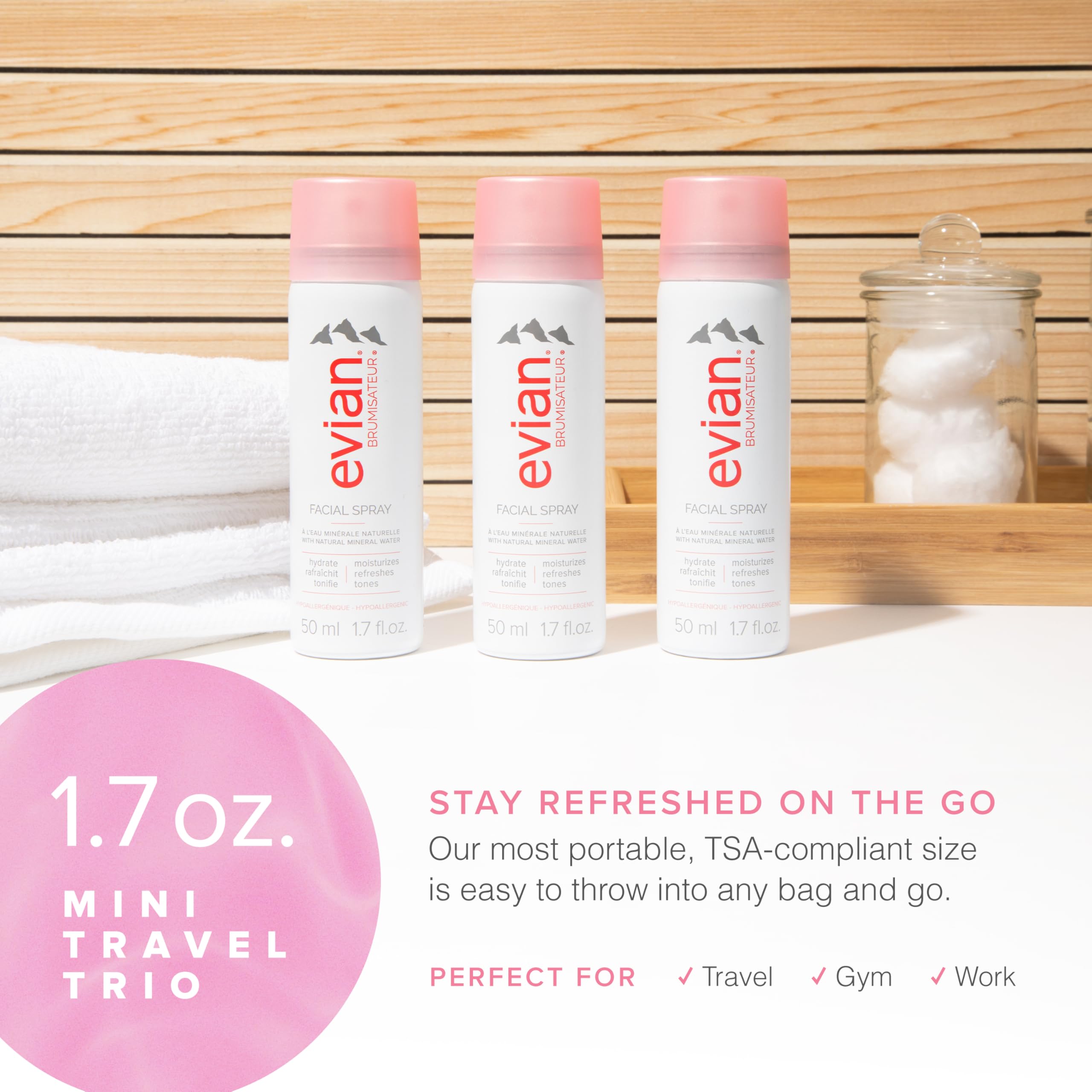 EVIAN FACIAL SPRAY Natural Mineral Water Facial Spray Trio, Travel Size, 1.7 Ounce (3 pack)