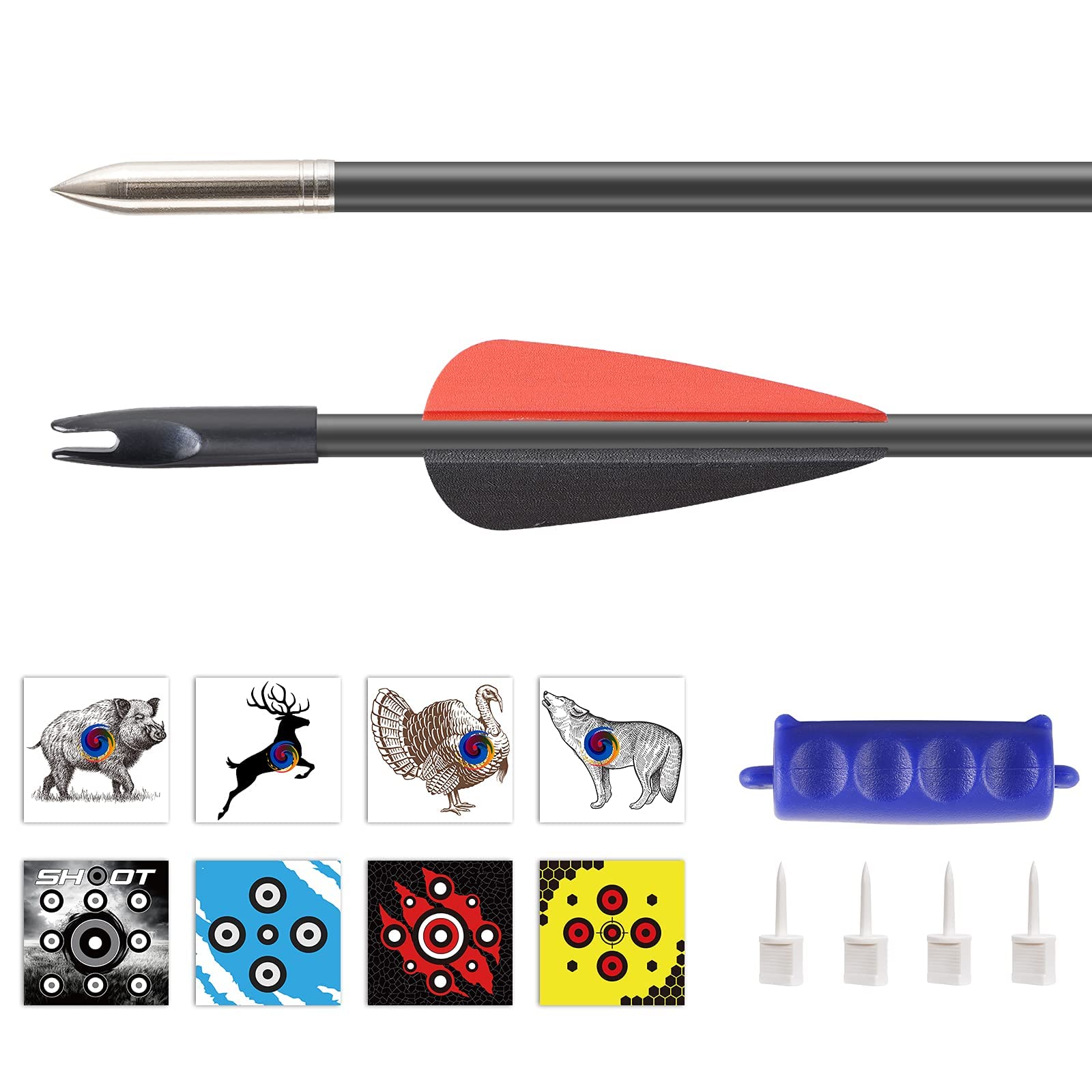 Aimdor Fiberglass Arrow 12 Pcs 30 Inch Targeting Practice Arrows Safety Arrows Hunting Arrows for Recurve Bow Compound Bow Beginner Arrow Kids Arrows with Paper Target Arrow Puller and Target Nails