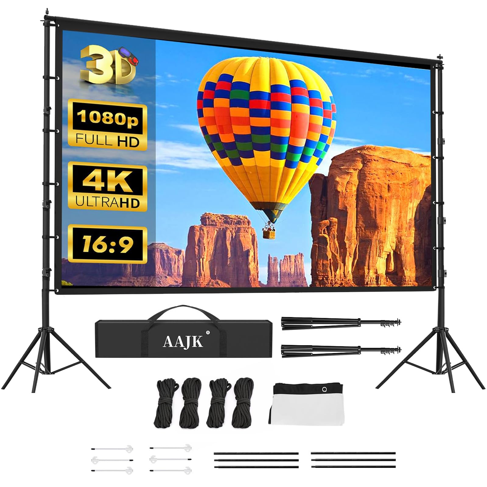 AAJK 150in Projector Screen and Stand,Portable 16:9 4K HD Indoor Outdoor Projection Screen with Wrinkle-Free Design, Ideal for Home Theater and Backyard Cinema ā Includes Carry Bag
