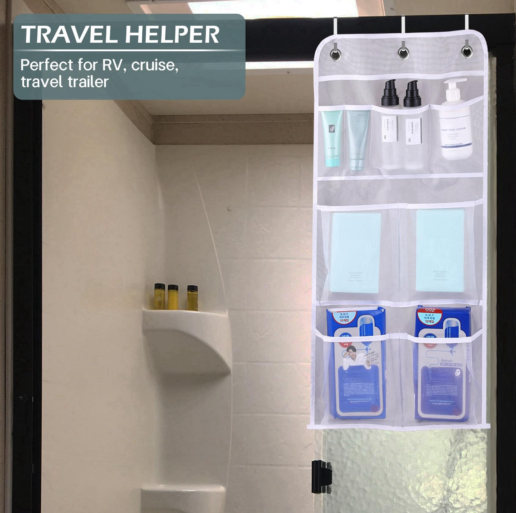 MISSLO 2 Pack Mesh Shower Caddy Hanging for Travel Quick Dry Shower Hanging Organizer Cruise RV Camper Bathroom with Over Door Hooks and Shower Curtain Hooks
