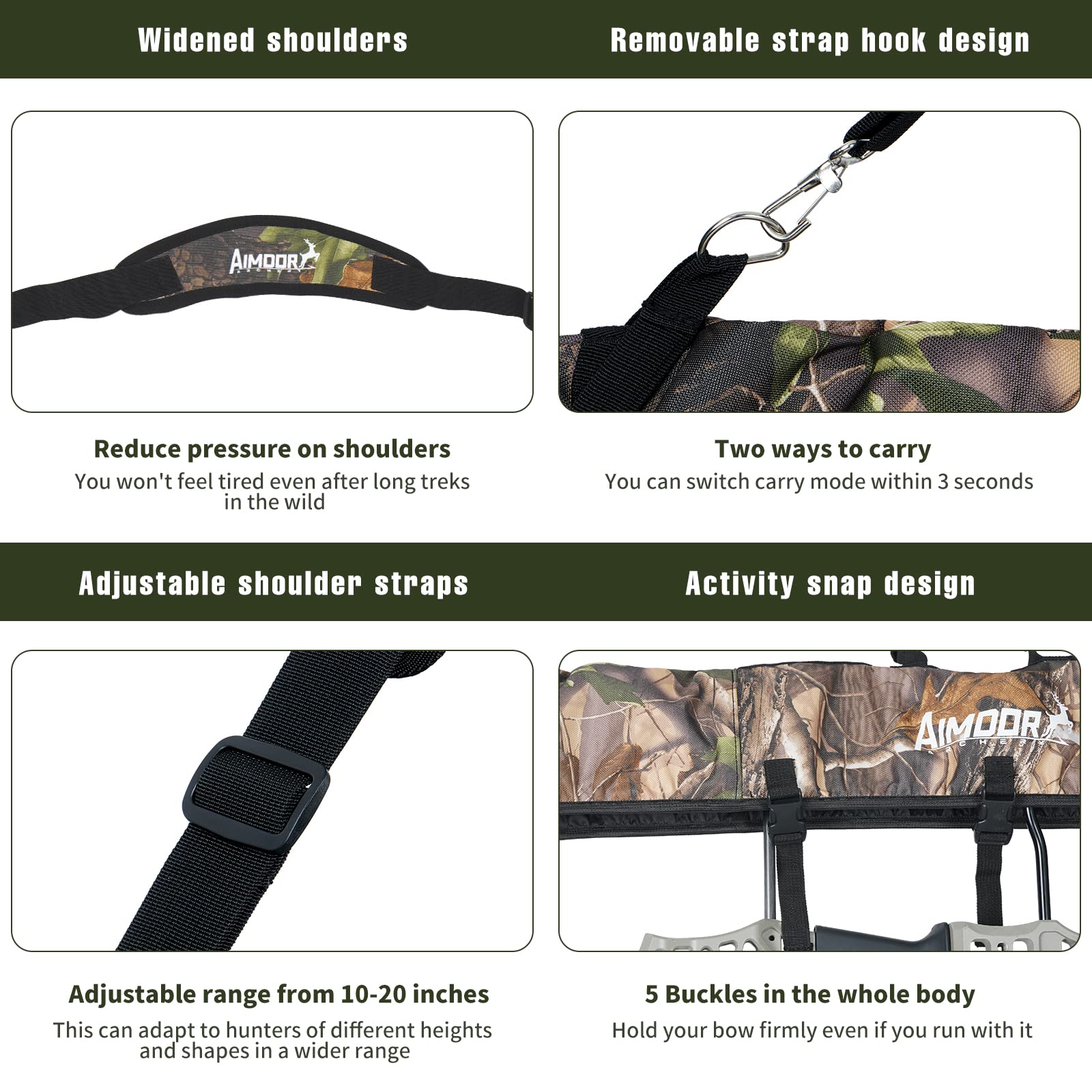 Aimdorarchery Bow Sling Bow Carrying Sling - Compound Bow Hunting Carrying Sling Fast Movement 2 Carrying Modes Switchable Adjustable Shoulder Strap Camouflage