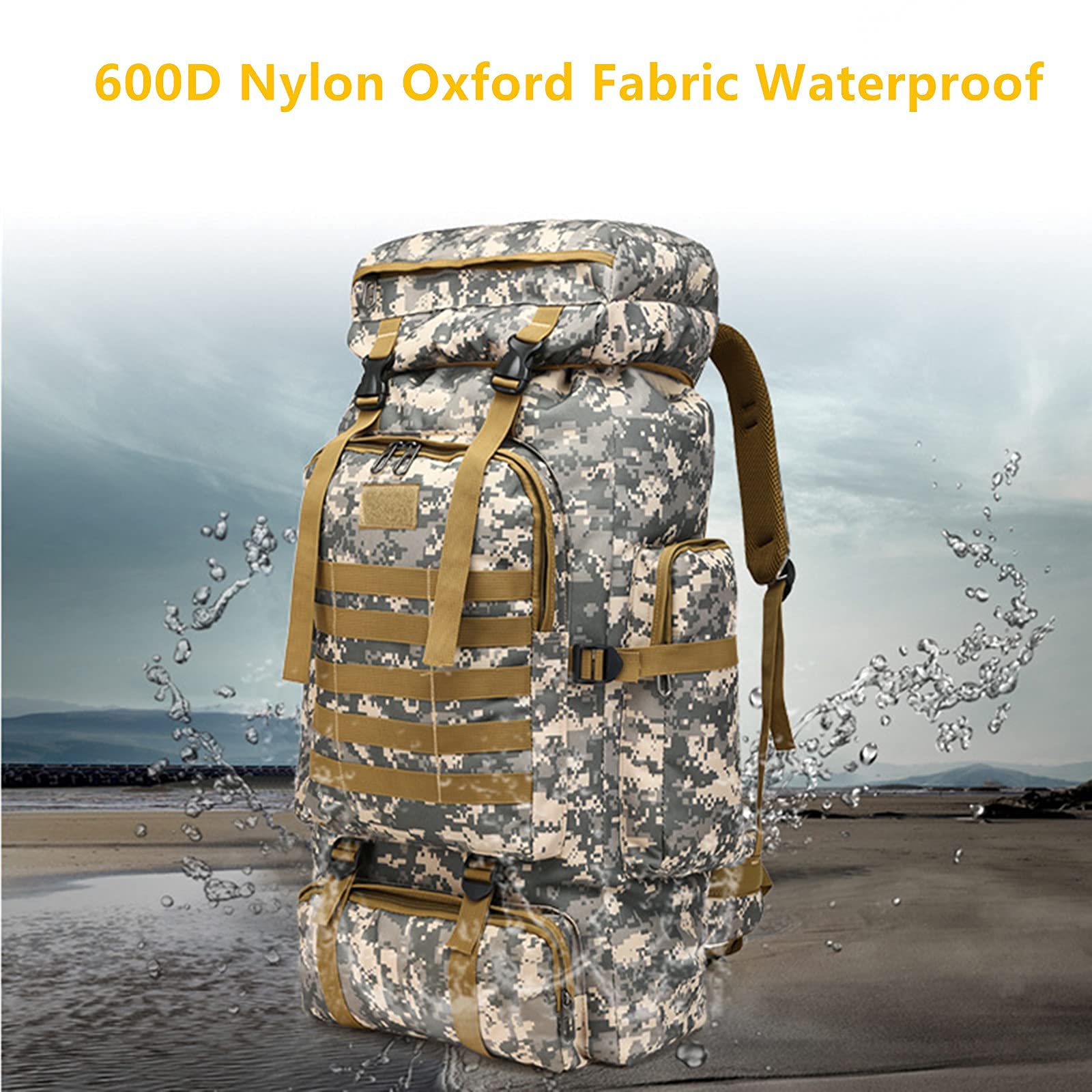 70L Waterproof Hiking Daypack Large Hiking Backpack, Hunting Camping Rucksack Backpack for Men Outdoor Sports Backpack (Plateau camouflage-5)