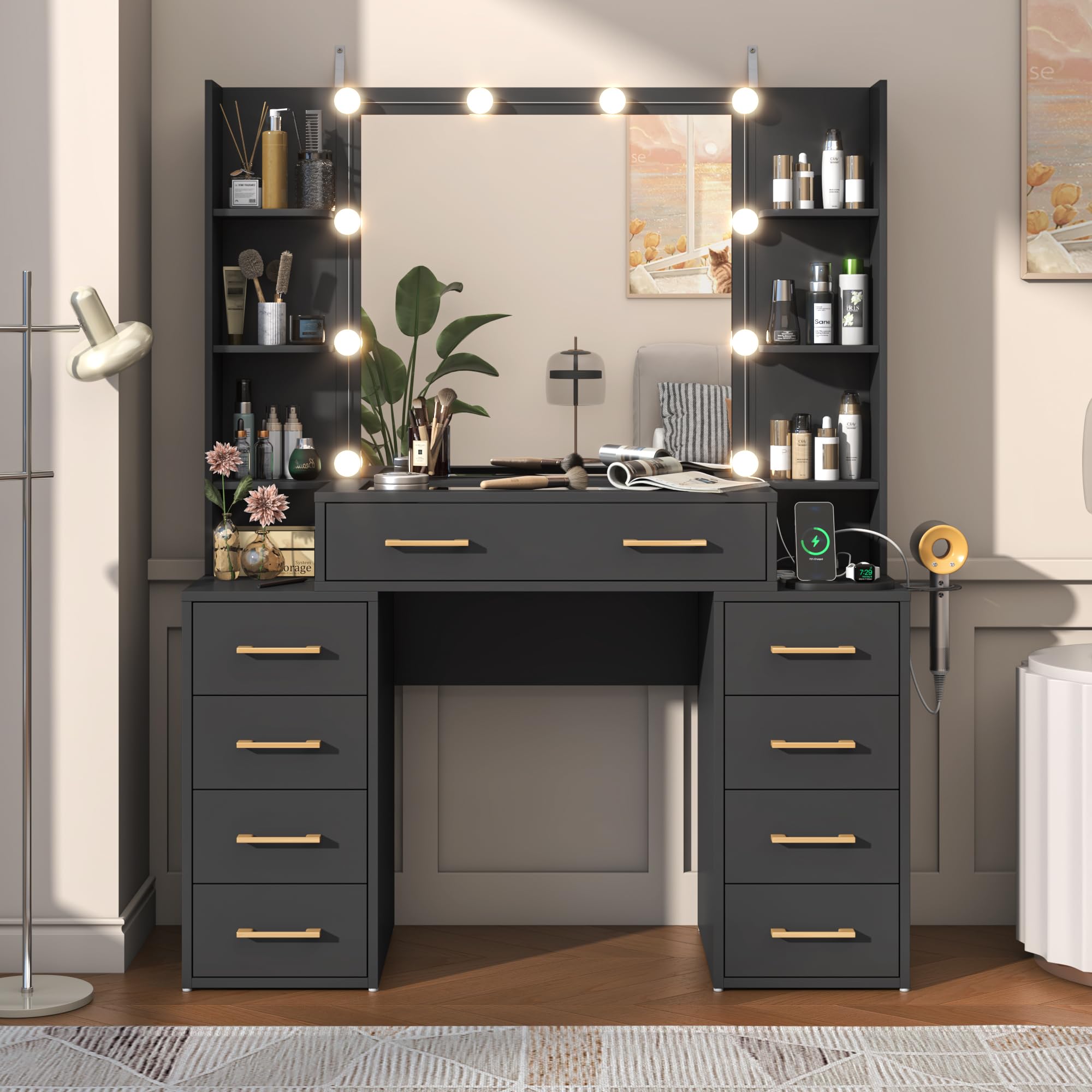 jiteentarou Glass Top Vanity Desk with Mirror and Lights, Large Vanity Makeup Mirror Desk with Charging Station Compartment Storage Drawers, Modern Makeup Vanity with 9 Drawers 6 Shelves, Black