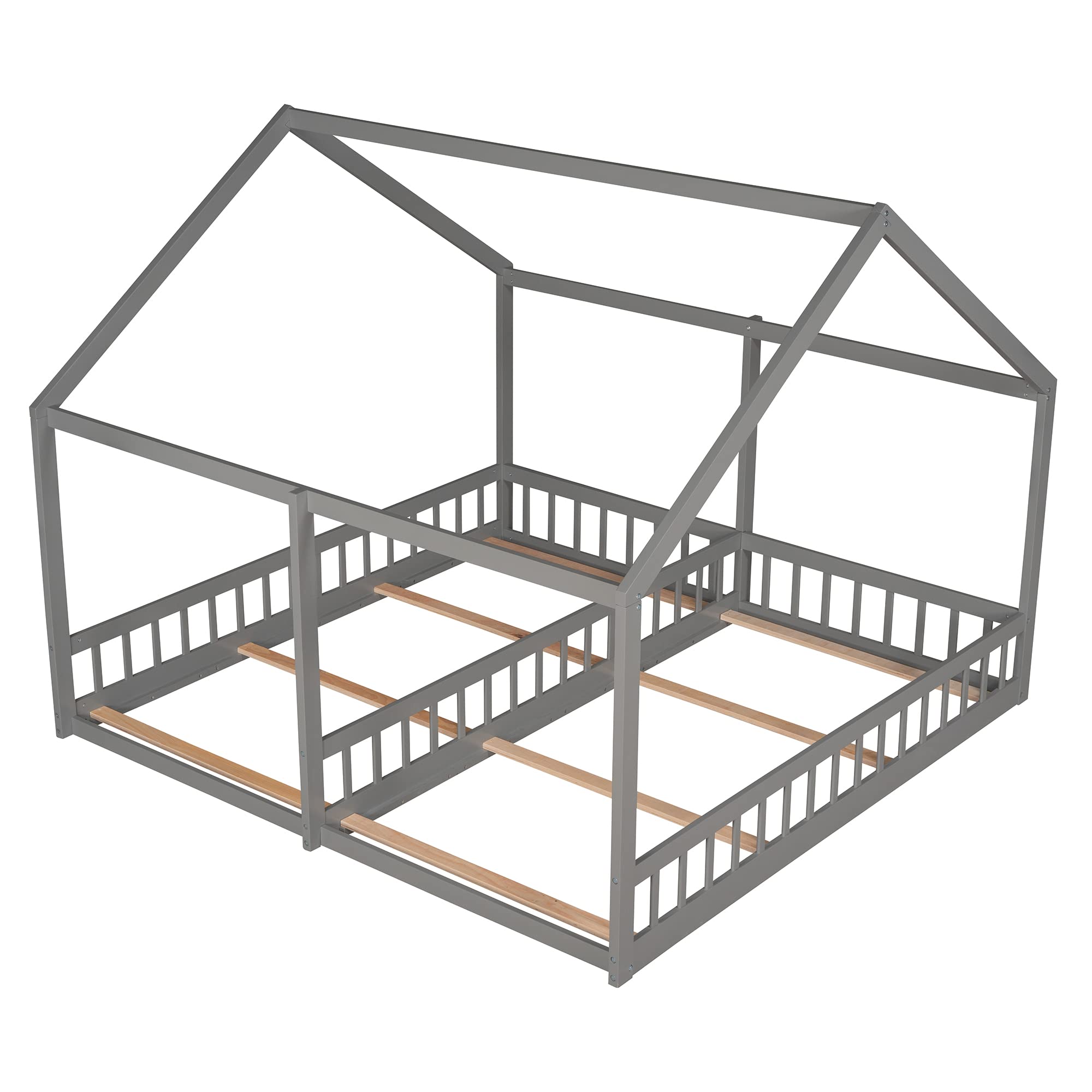 Twin House Bed for 2 Kids Wood Double Floor Beds Frame with Fence Railings Two Shared Beds for Boys Girls Teens, Twin Size, Gray