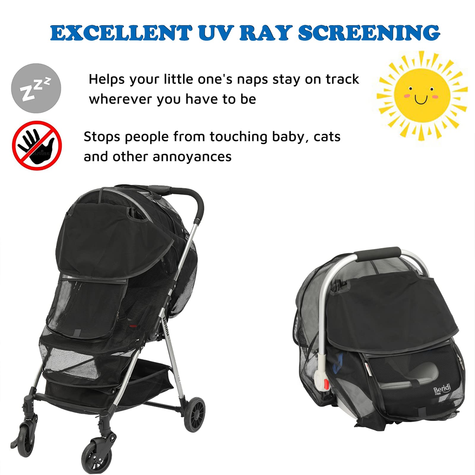 BAYWYI 3 in 1 Sun Shade and Mosquito Net for Stroller Sun Protection, Versatile Universal Double Zipper Baby Mosquito Net -