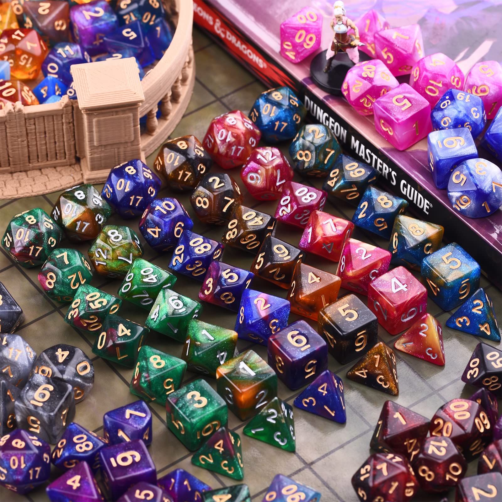 Amiven DND RPG Dice Sets 20 x 7 Polyhedral Glitter Dice (140 Pieces) for Dungeons and Dragons Tabletop Role-Playing Games, with a Large Bag