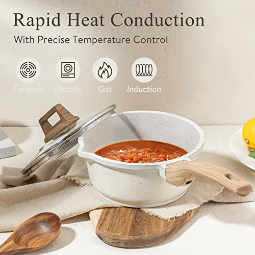 CAROTE 1.5Qt & 2.5Qt Sauce Pan Set with Lid Nonstick Saucepan 4 Pcs Non Stick Sauce Pots Cooking Pot with Pour Spout, Easy to Clean, Small Kitchen Pots Induction Pot, PFOA FREE (White Granite)