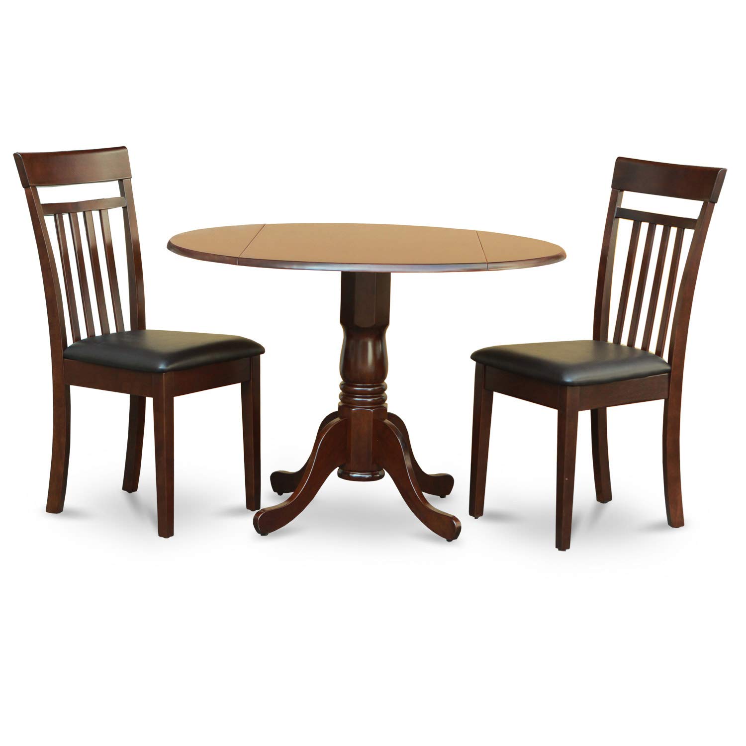 East West Furniture Dublin 3 Piece Set Contains a Round Dining Table with Dropleaf and 2 Faux Leather Kitchen Room Chairs, 42x42 Inch, Mahogany
