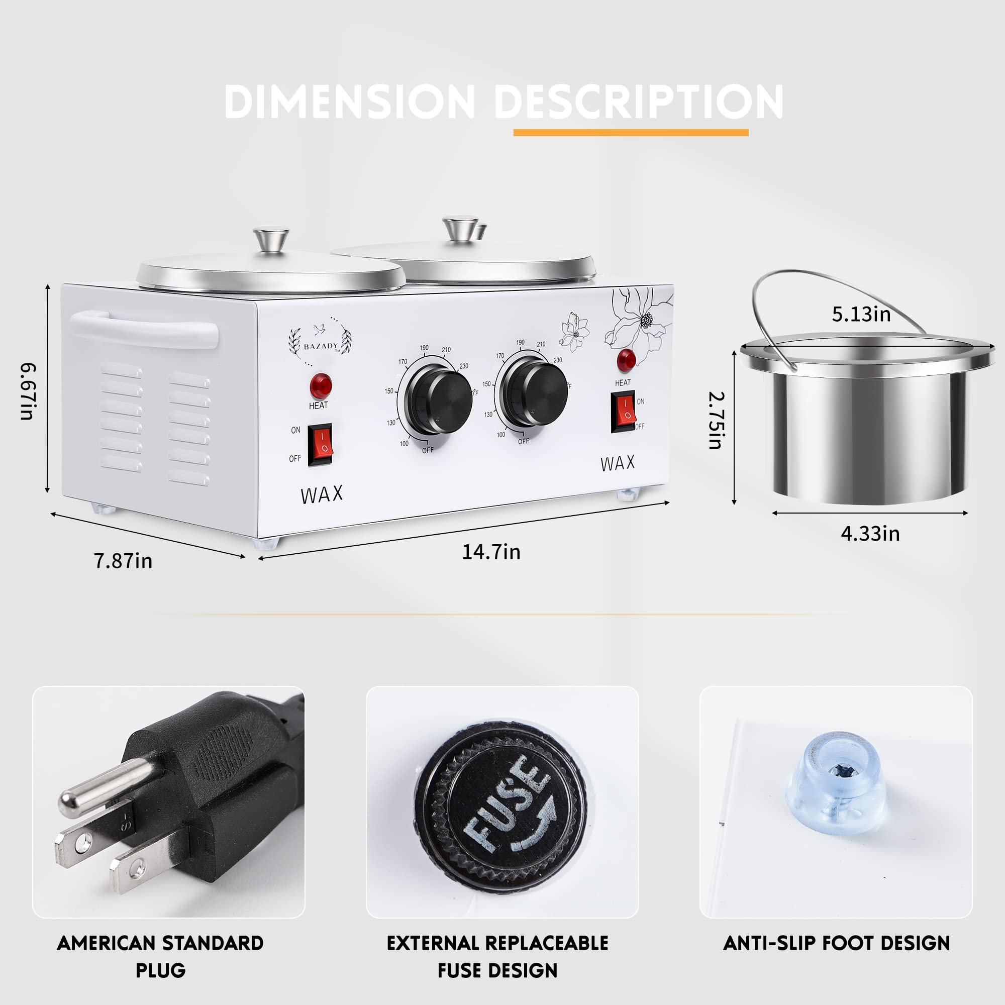 Bazady Double Wax Warmer Professional-for use at Home and Beauty Salon, Double Wax Pot, Unisex, Double Wax Warmer Adjustable Temperature degrees Fahrenheit-Leave your Skin Soft