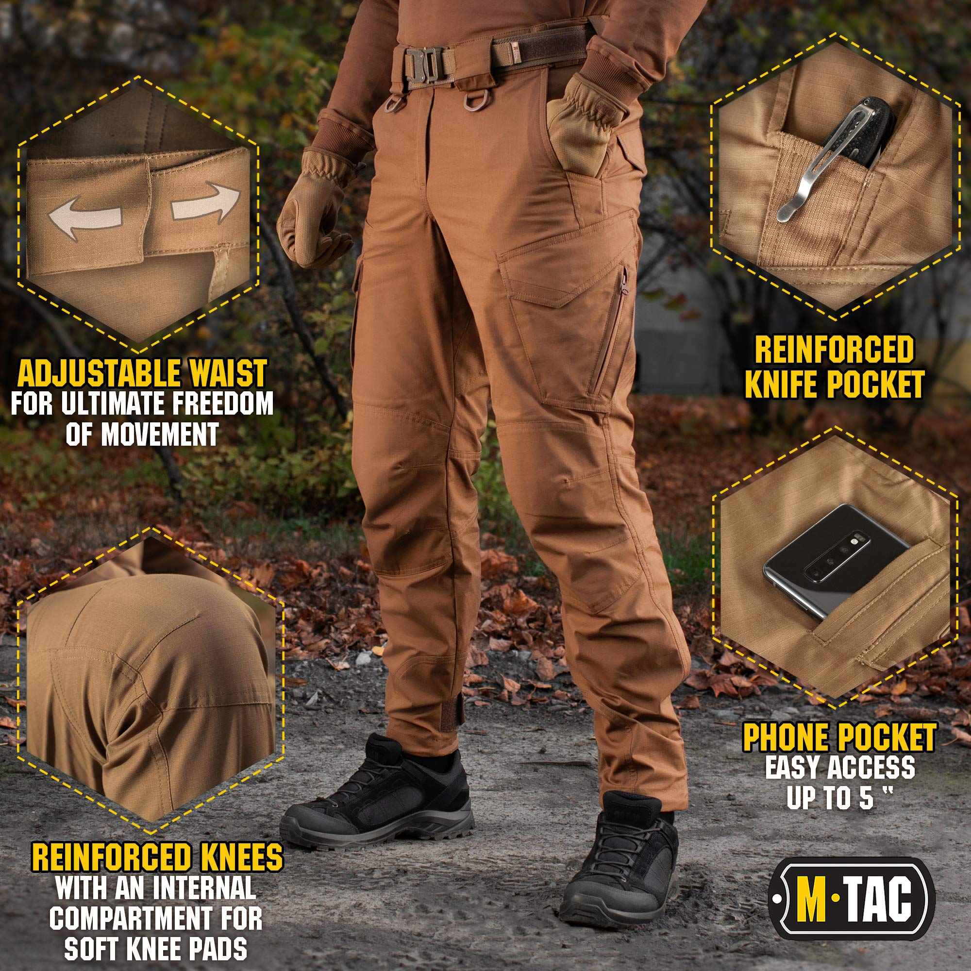 Aggressor Flex - Tactical Pants - Men Black Cotton with Cargo Pockets (Coyote Brown, W34 / L36)
