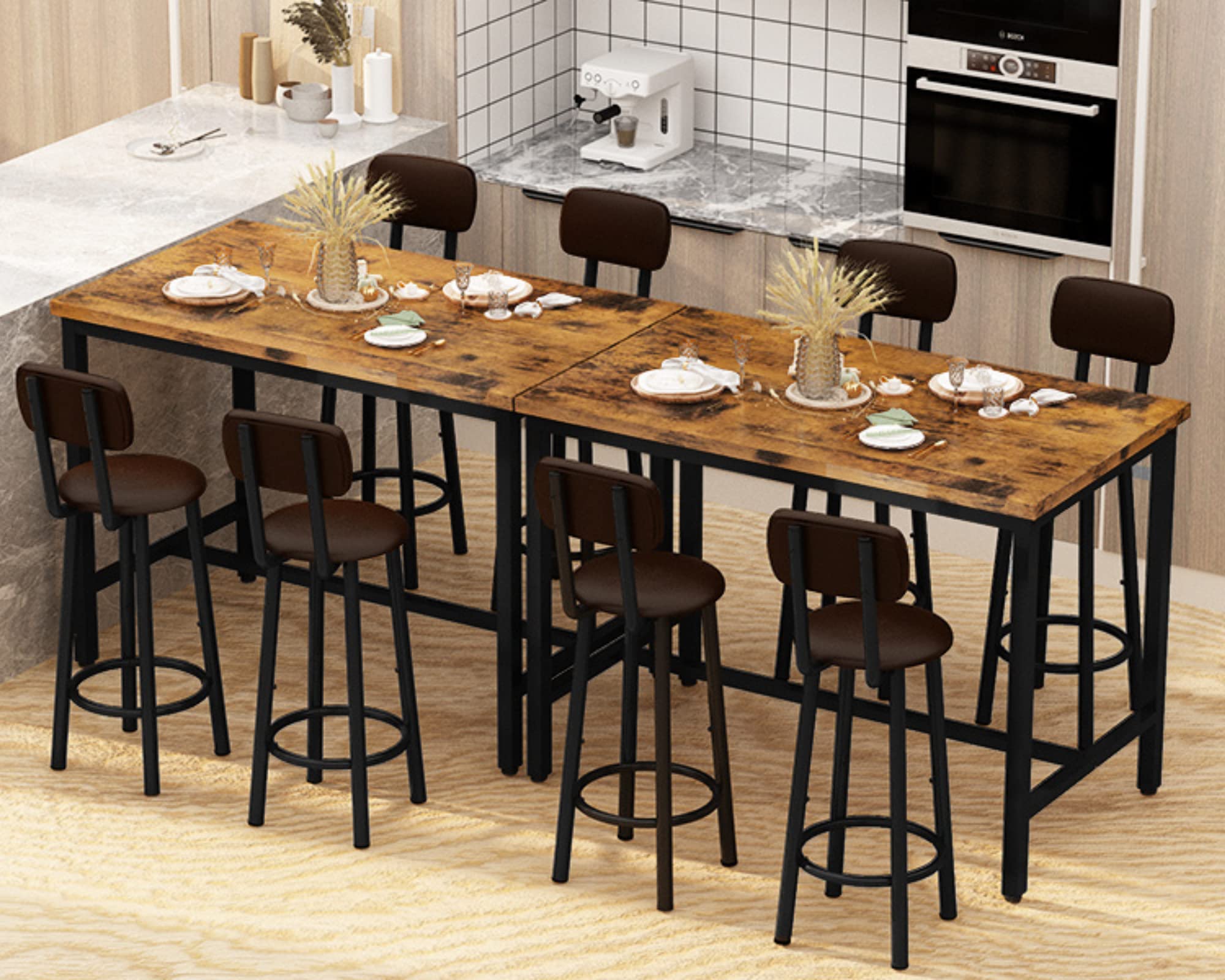 AWQM Faux Wooden Table with 8 PU Upholstered Chairs, Breakfast Table Bar Table and Backrest Chairs with Footrest for 8-10 People, Dining Room Set Space Saving Furniture (Brown)
