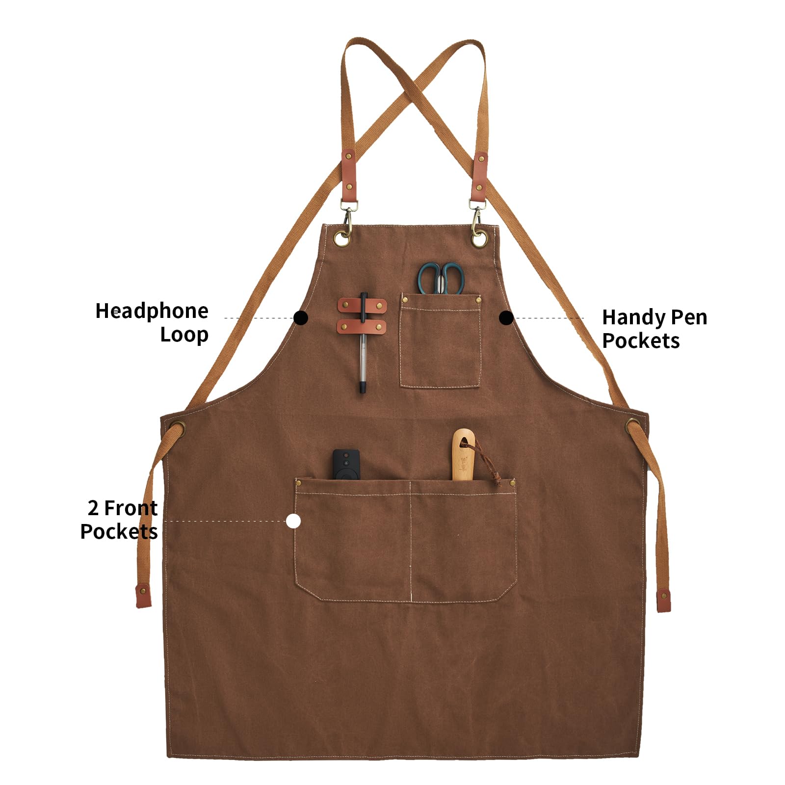 FunChaos Brown Canvas Aprons, Work Aprons for Men Women, Chef Aprons with Adjustable Strap and 3 Pockets, Apron for Servers Kitchen Cooking Baking Artist Painting, Cross Back