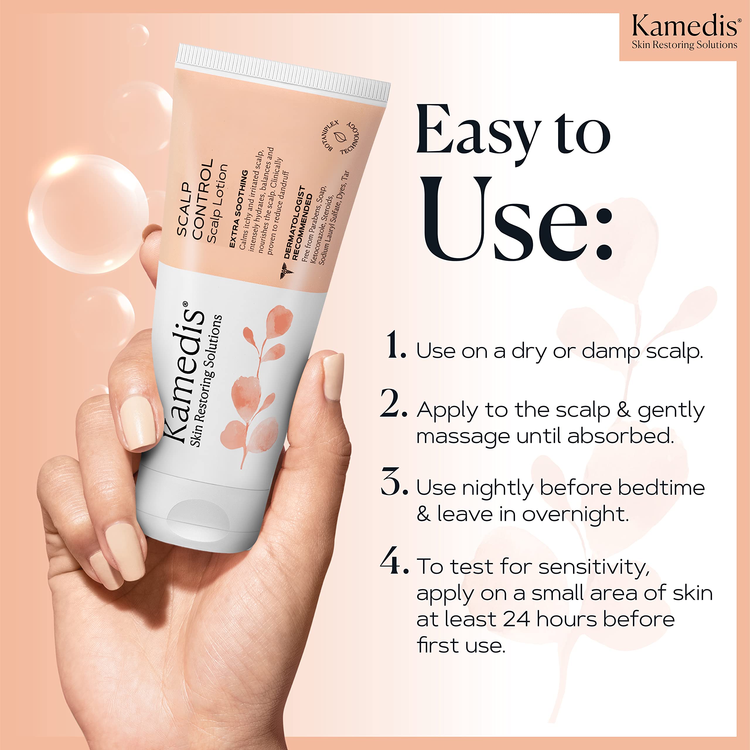 KAMEDIS Moisturizer Scalp Leave-On Botanical Lotion. For Dandruff, Dry, Itchy, Flaky, Seborrheic Dermatitis, Psoriasis and Sensitive Scalp Skin. Over-Night Head Mask, Parabens Free. 3.38 Fl Oz.