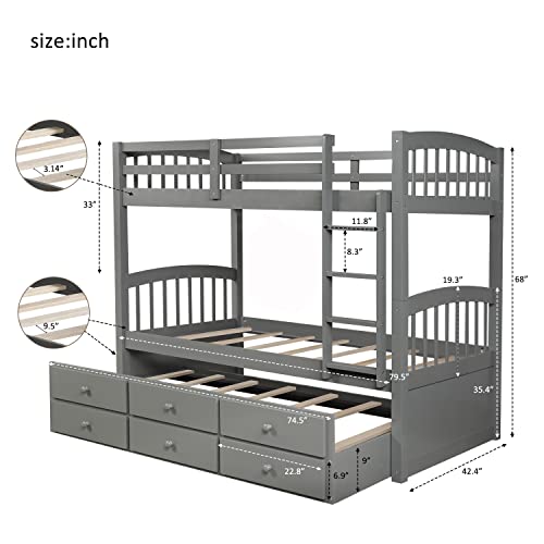 BIADNBZ Twin Over Twin Bunk Bed with Trundle and 3 Storage Drawers, Wooden Detachable Bunkbed Separated into 2 Platform Bedframes for Bedroom/Guest Room, Gray