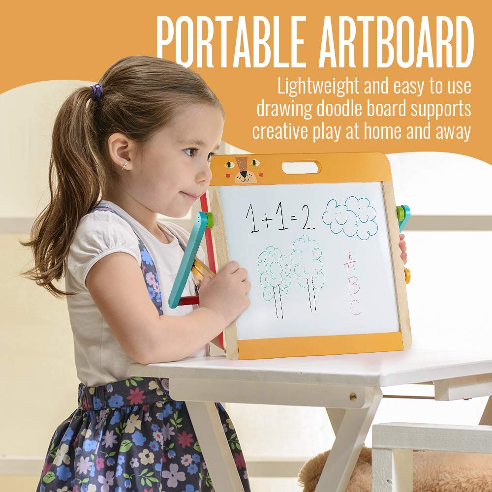 Children's Wooden Tabletop Easel with Double-Sided Magnetic Whiteboard & Chalkboard, Arts & Crafts Portable Easel Includes Dry Erase Marker, Chalk, Magnetic Letters & Extra Magnets, Ages 3 and Up