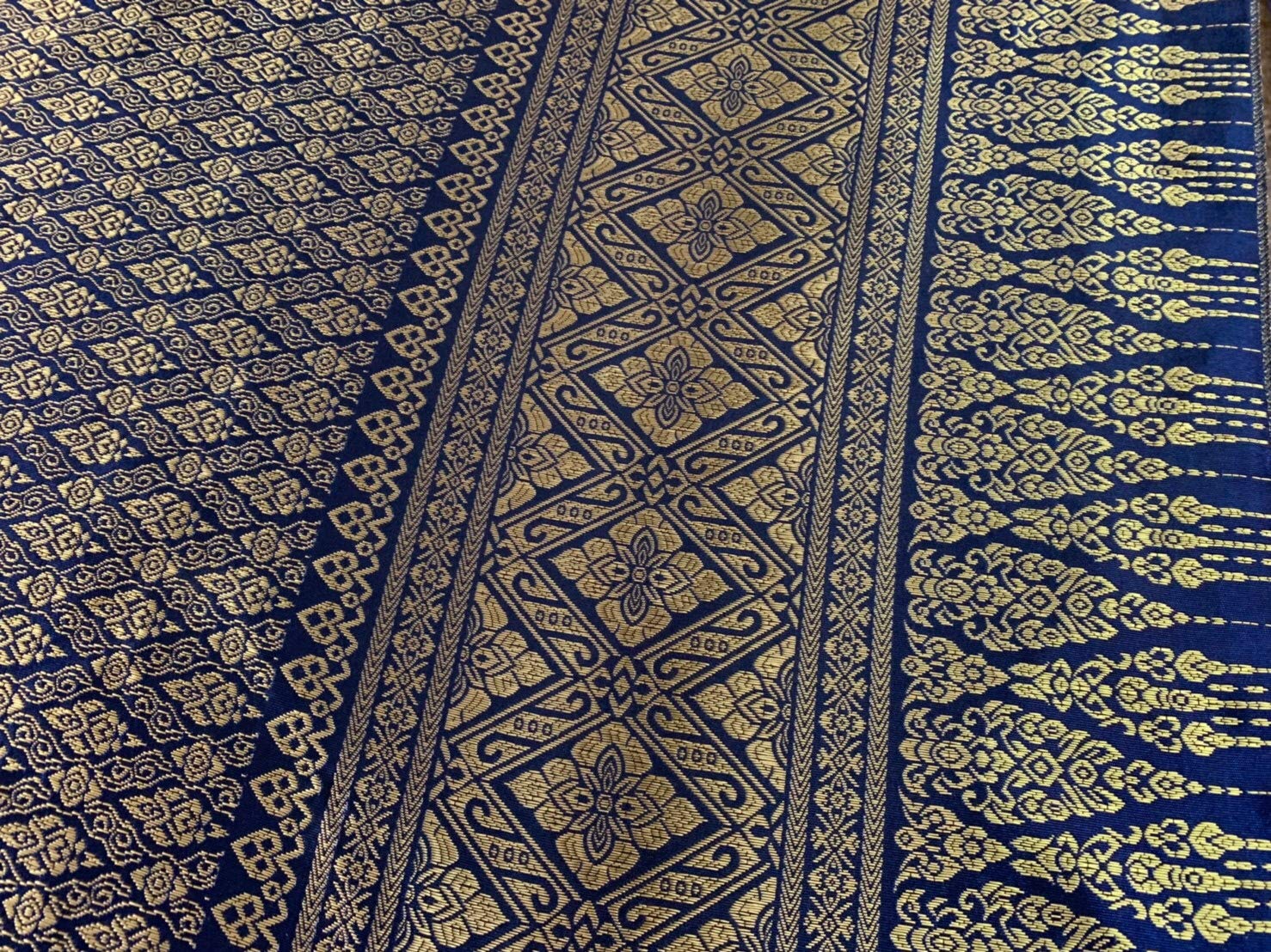 Amornphan 44 Inches Blue and Gold Traditional Thai Silk Damask Fabric for Wedding Dress Skirt by The Yard