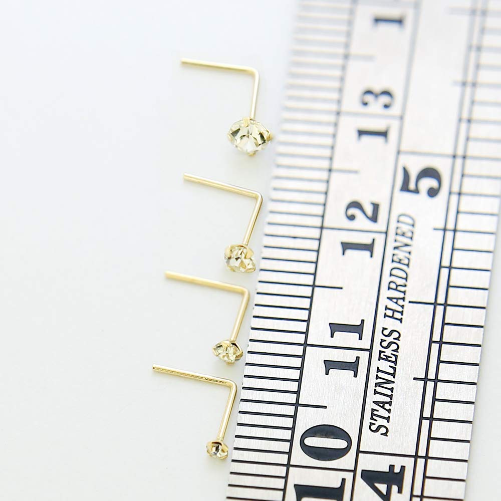 9 Karat Yellow Gold Claw Set 1.5MM Round Genuine Crystal Stone 22 Gauge L Shape Nose Stud Piercing Jewelry
