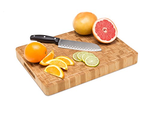 End Grain Wood Bamboo Cutting Board for Kitchen, Commercial Use - Extra Large, Thick Butcher Block with Juice Groove, Handles, and Non-Slip Feet for Chopping Veggies, Carving Meat, Bread and Cheese