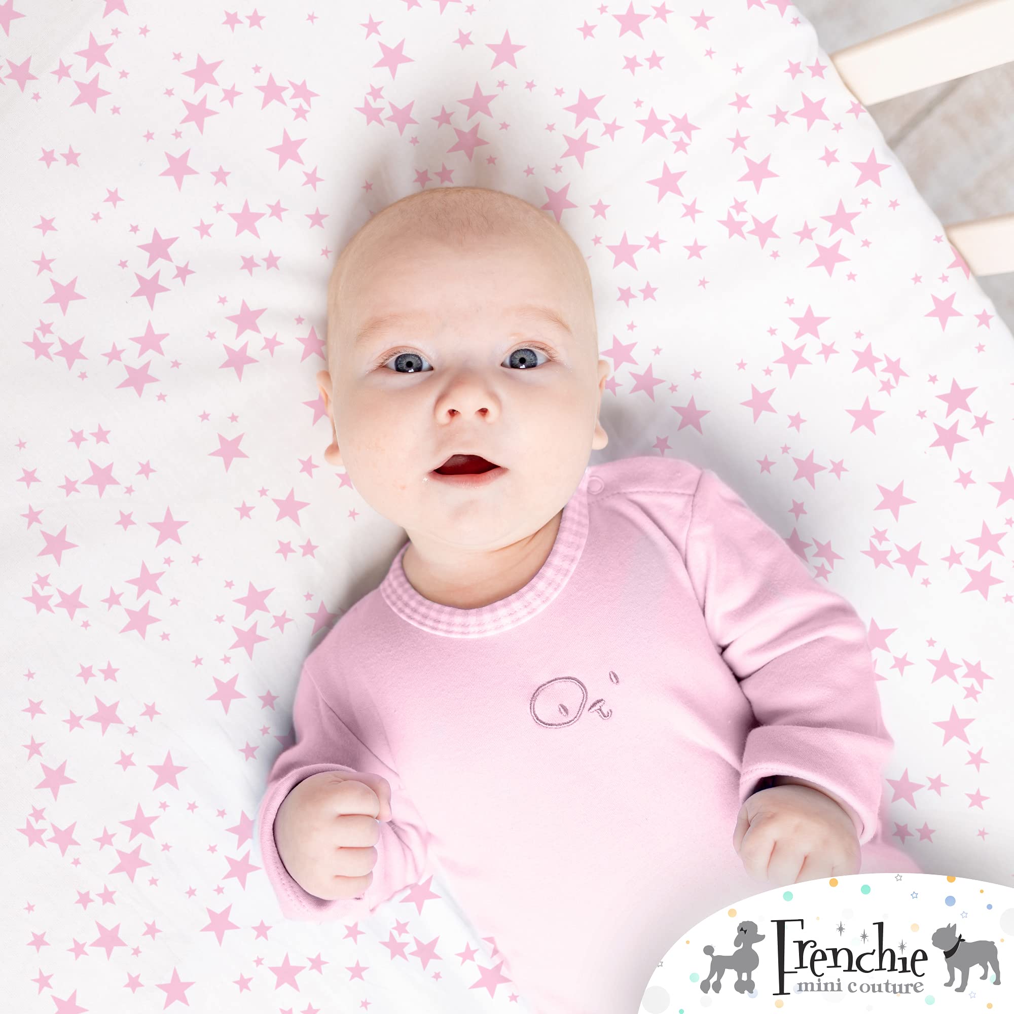 Frenchie Mini Couture Fitted Crib Sheets 100% Woven Cotton Fits Toddler Mattress, Pink Stars, 28 x 52inx8in, 2-Pack