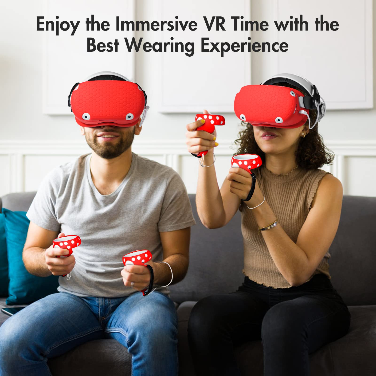 AMLINK VR Silicone Cover Accessories for Oculus Quest 2, VR Shell Cover Protective, Silicone Face Cover, Adjustable Strap Controller Grip Cover and Remote Sensing Rod Cap(Red)
