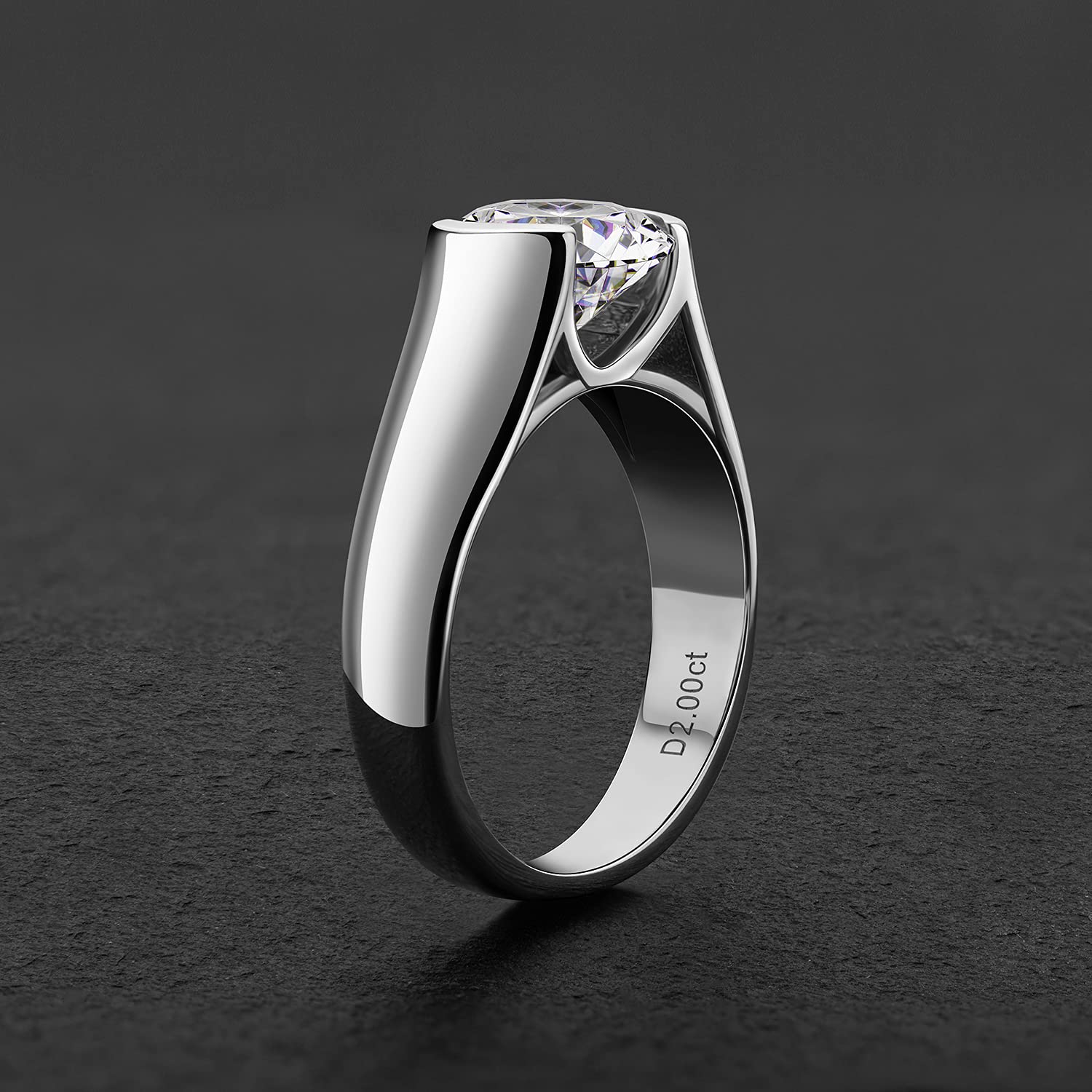 CannyCat 2 Carat Moissanite Half Bezel Set Ring for Women Platinum Plated Silver D color VVS 8mm Moissanite Diamond Solitaire Engagement Promise Band (7)