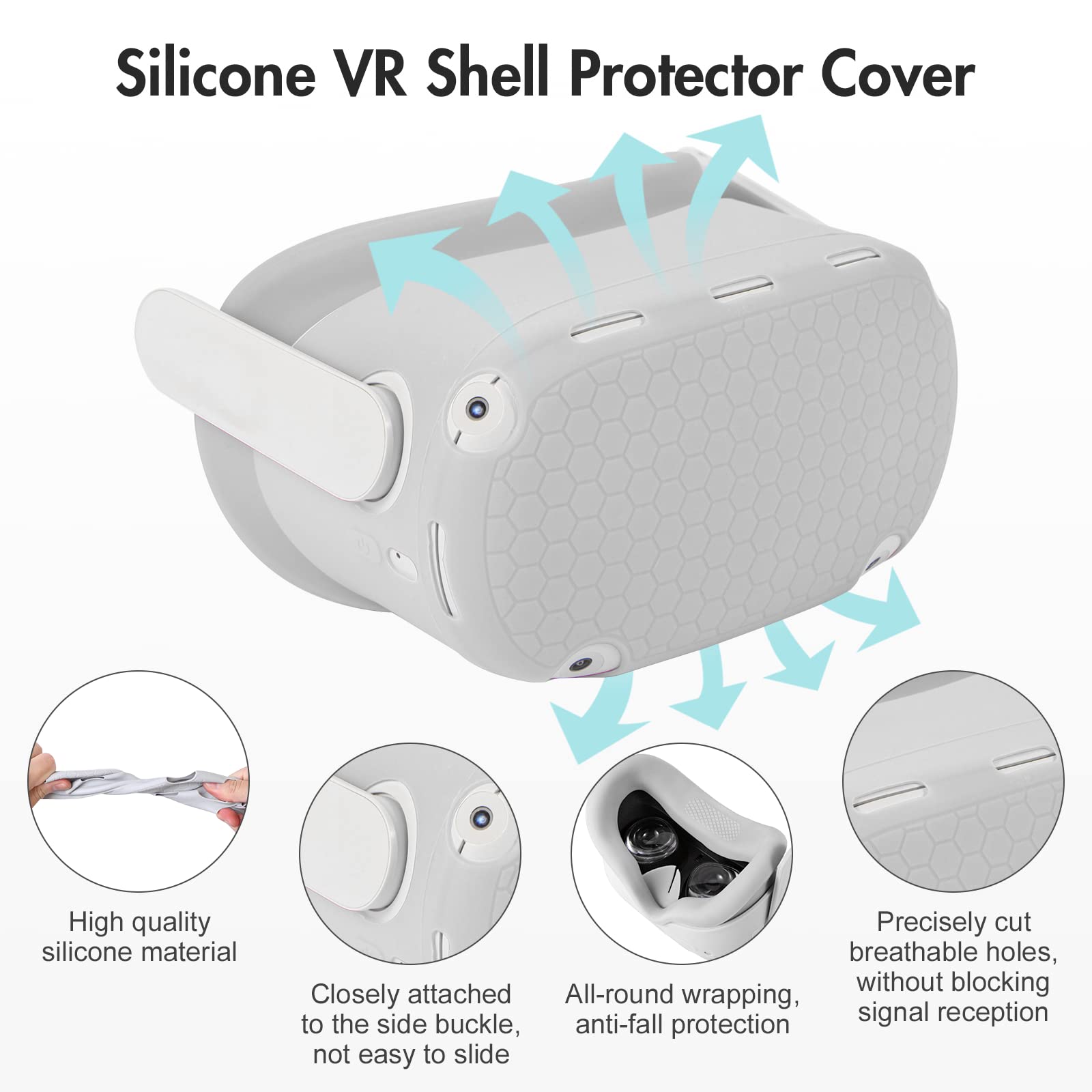 AMLINK VR Silicone Cover Accessories for Oculus Quest 2, VR Shell Cover Protective, Silicone Face Cover, Adjustable Strap Controller Grip Cover and Remote Sensing Rod Cap(Greyish White)