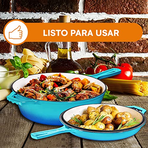 Bruntmor Caribbean 3QT Cast Iron Dutch Oven & Skillet Combo, Enamel Coated Cookware, Perfect for Braising, Casseroles and Slow Cooking