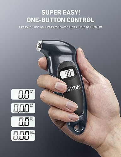 AstroAI Digital Tire Pressure Gauge with Replaceable AAA Battery, 150 PSI 4 Settings Stocking Stuffers for Car Truck Bicycle Backlit LCD Non-Slip Grip Car Accessories, Gray