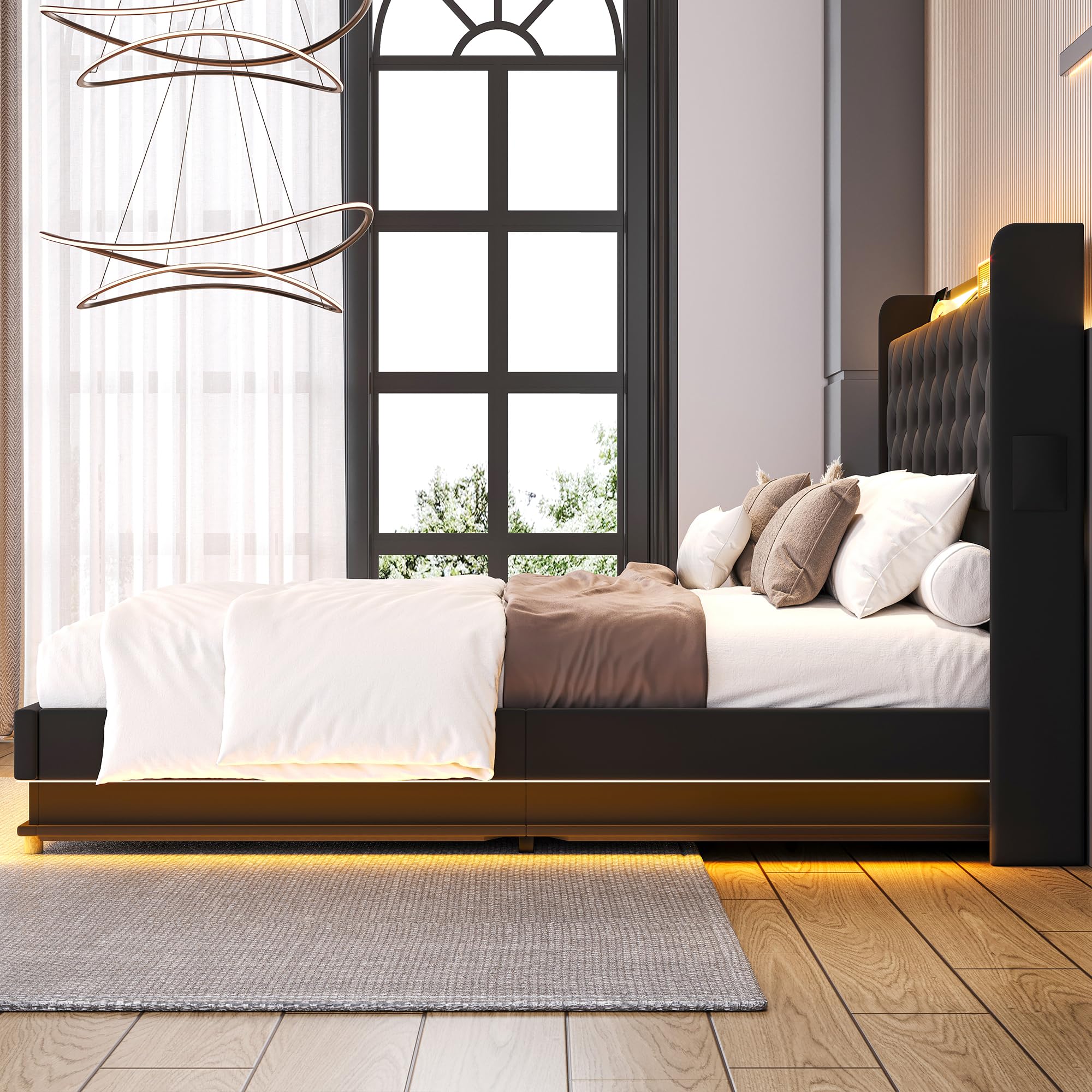 Ailisite King Size Lift Up Storage Bed Frame with Wingback Led Headboard, Upholstered Platform Bed Frame with Hydraulic Lifting Storage&Charging Station, No Spring Box Needed Wood Slats Support