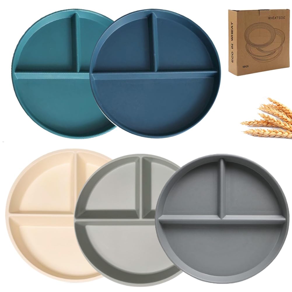 K Y KANGYUN 5 PCS Unbreakable Divided Plates for Adults 9in, Deep Dinner Plates, Divided Design for Picky Eaters,Compartment Plates, Lightweight Reusable Plastic Portion Control Plates