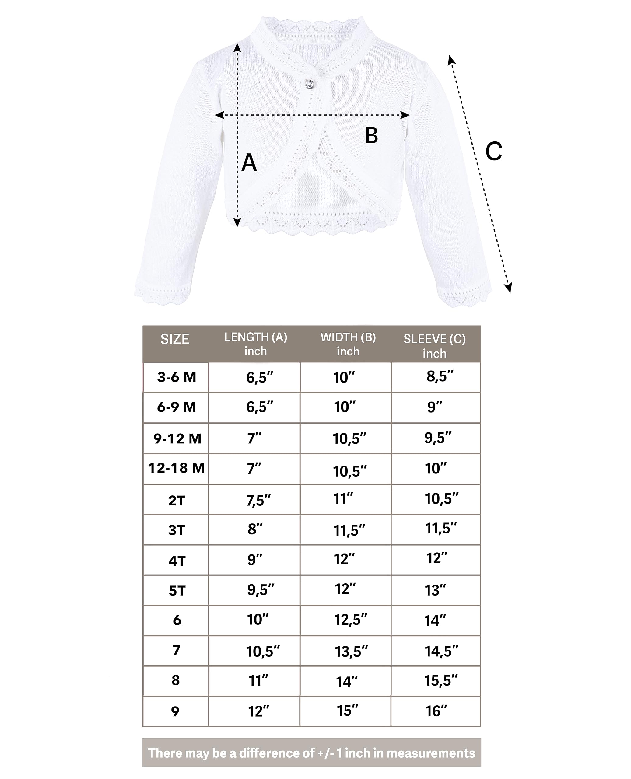 Lilax Baby Girls' Knit Long Sleeve Button Closure Bolero Cardigan Shrug 12-18 Months White