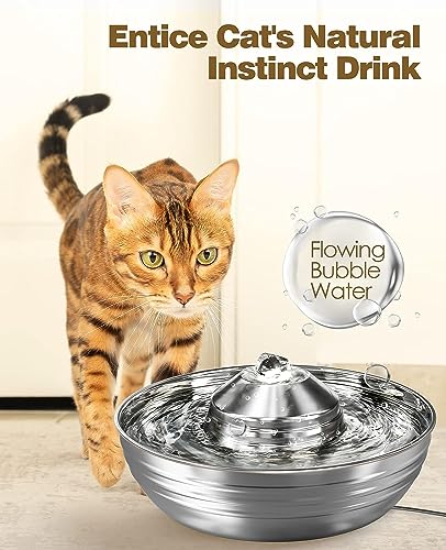 Cat Water Fountain All Stainless Steel,710z/2.1L Large Capacity,Round Design,Quiet Design,Visible Water Level,360° Automatic Cat Water Dispenser Easy Assemble and Clean,Supply Water Even Power Off