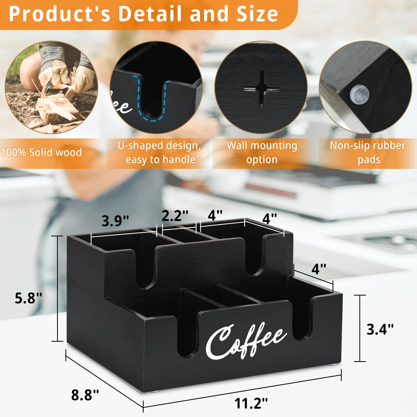 Disposable Coffee Cup Dispenser Lid Holder for Counter, Wood 6 Compartments Coffee Station Organizer for Cup Lid Sleeve Pods Condiment, Paper Cup Dispenser Coffee Bar Accessories Storage Organizer