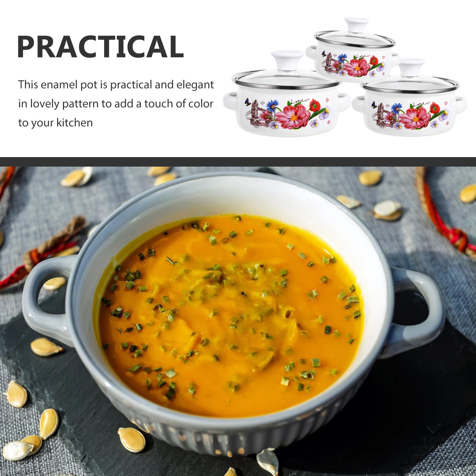 Amosfun Mini Soup Pot Retro Floral Enamelware Pot with Lid - 4.5 Inch 5.5 Inch 8 Inch Assortment Ramen Soup Pot with Handle Ears