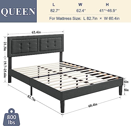 VECELO Queen Size Upholstered Bed Frame with Height Adjustable Fabric Headboard, Heavy-Duty Platform Bedframe/Mattress Foundation/Strong Wood Slat Support/No Box Spring Needed, Grey